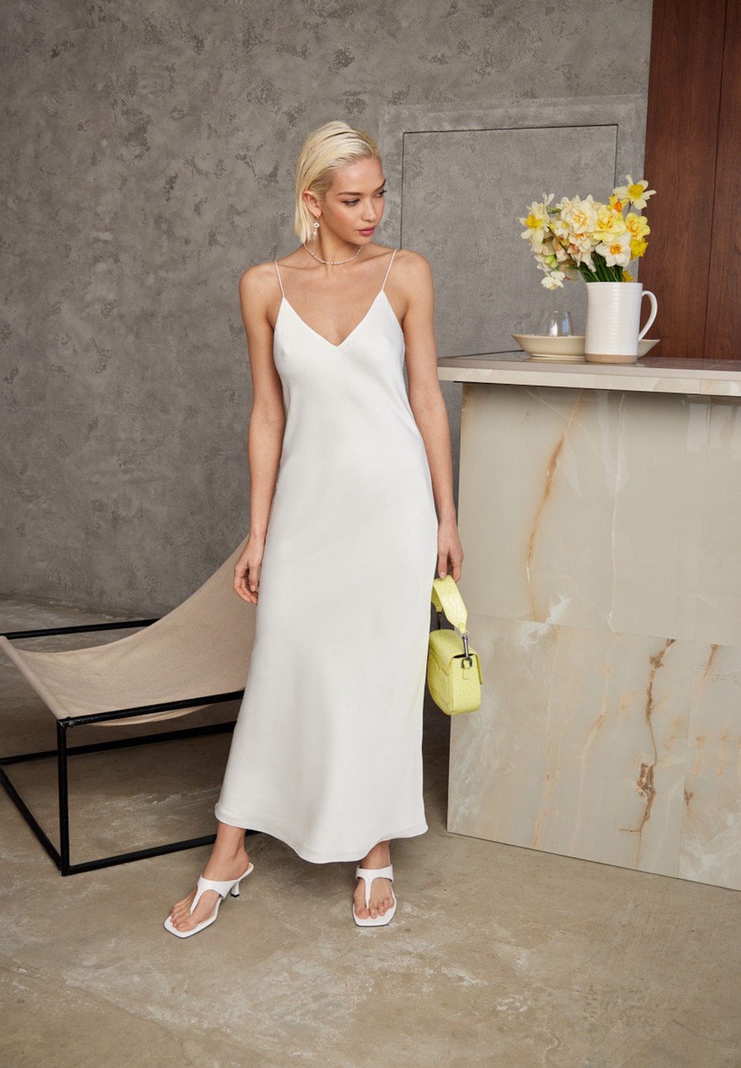 White Silk Maxi Slip Dress, Bridesmaid Dress, Satin Maxi Slip Dress ...
