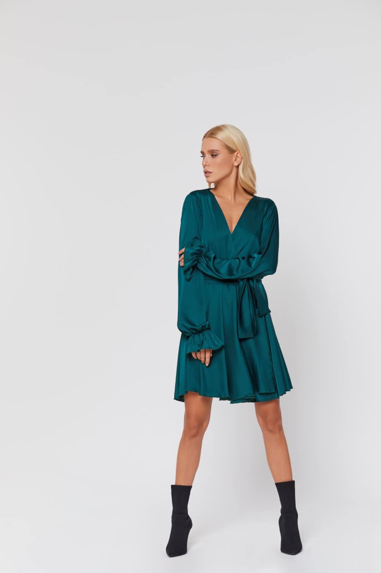 Emerald Green Silk Mini Cocktail Dress/ Wedding Guest Dress/ Long Sleeve Dress/ Silk Mini Wrap ...