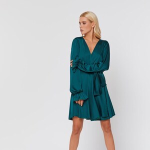 Emerald Green Silk Mini Cocktail Dress/ Wedding Guest Dress/ Long Sleeve Dress/ Silk Mini Wrap ...