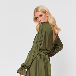 Emerald Green Silk Mini Cocktail Dress/ Wedding Guest Dress/ Long Sleeve Dress/ Silk Mini Wrap ...