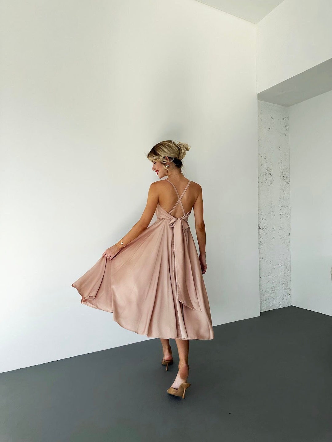 Champagne Satin Midi Formal Dress Cottagecore Dress Wedding Guest Dress ...