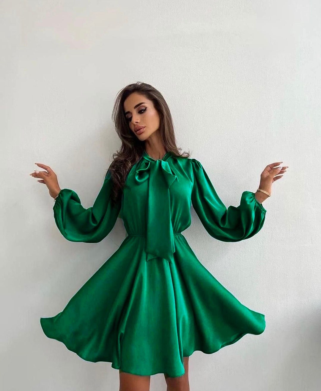Jade Green Silk Cocktail Dress Satin Mini Dress Long Sleeve Dress ...