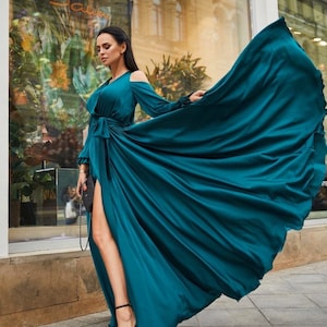 Emerald Green Mother of the Bride Dress Satin Maxi Wrap Dress Wedding ...