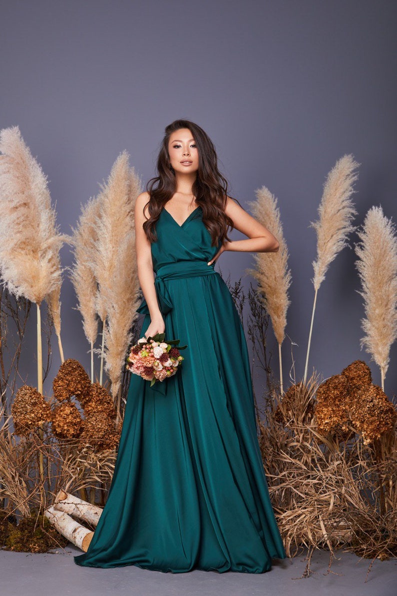 Emerald Green Silk Maxi Wrap Dress Bridesmaid Dress Satin Etsy
