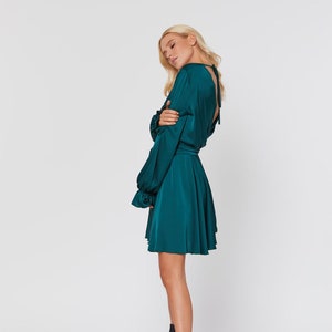 Emerald Green Silk Mini Cocktail Dress/ Wedding Guest Dress/ Long Sleeve Dress/ Silk Mini Wrap ...