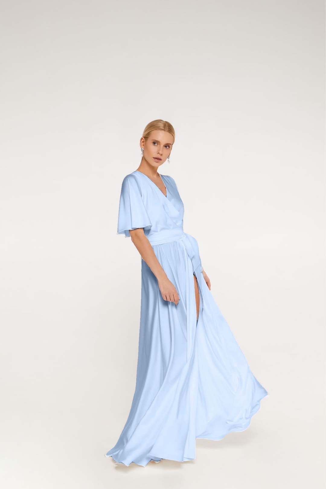 Powder Blue Bridesmaid Dress Wedding Guest Dress Boho Formal Silk Floor ...