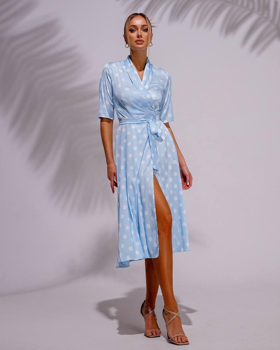 Powder Blue Silk Satin Polka Dot Short Sleeve Midi Wrap Dress Wedding ...