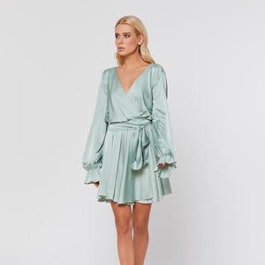 Emerald Green Silk Mini Cocktail Dress/ Wedding Guest Dress/ Long Sleeve Dress/ Silk Mini Wrap ...