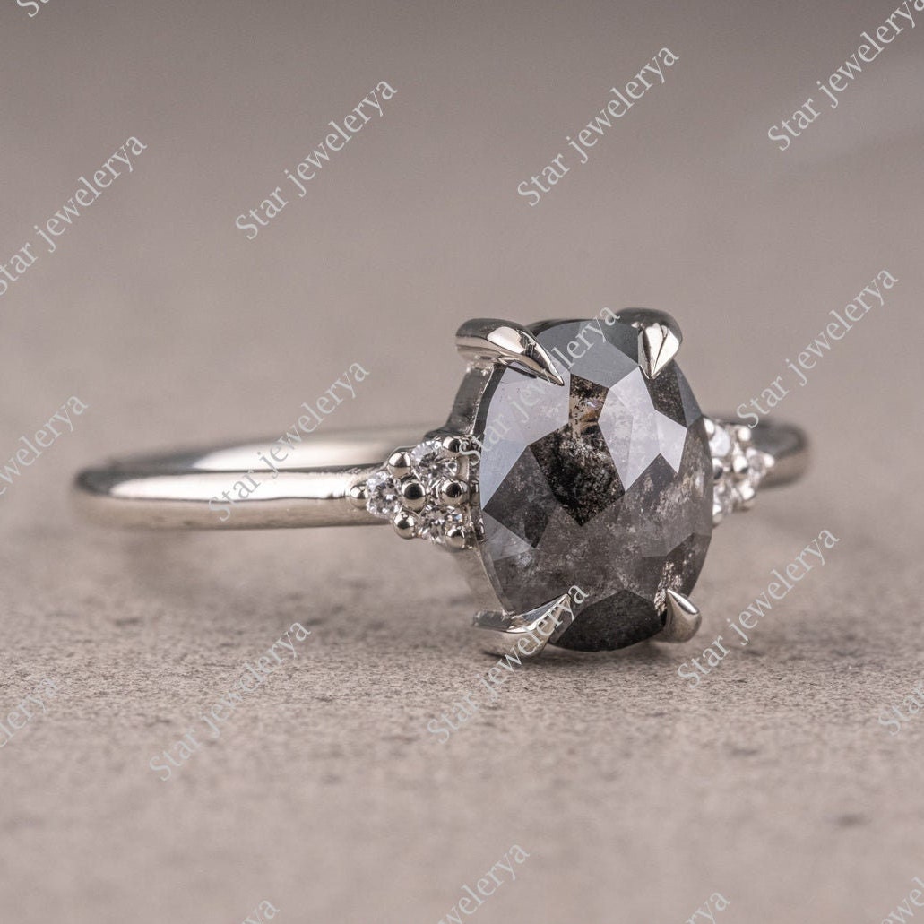 Salt and Pepper Engagement Diamond Ring, Vintage Oval Cut Diamond Ring ...