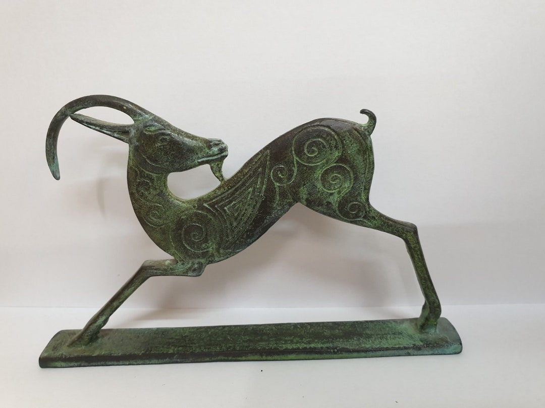 Handcrafted Geometric Bronze Ibex Statue - Ancient Greek Inspired Art ...