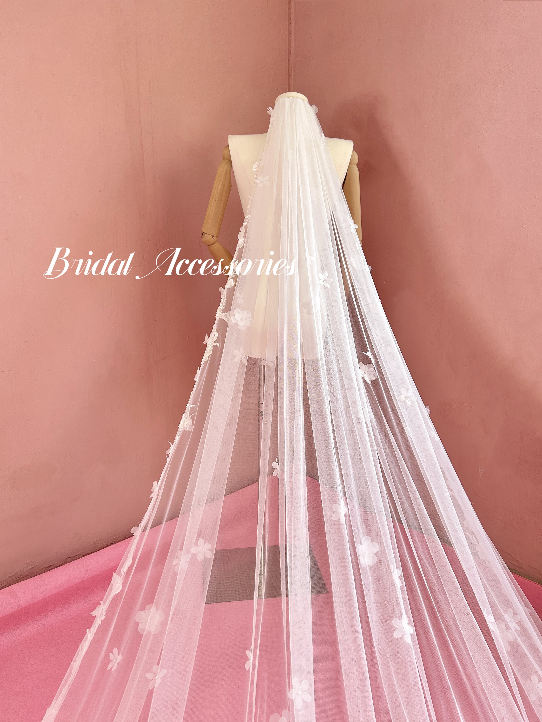 3D Floral Lace Fabric,floral Lace Wedding Veil,white Bridal Veil,long ...