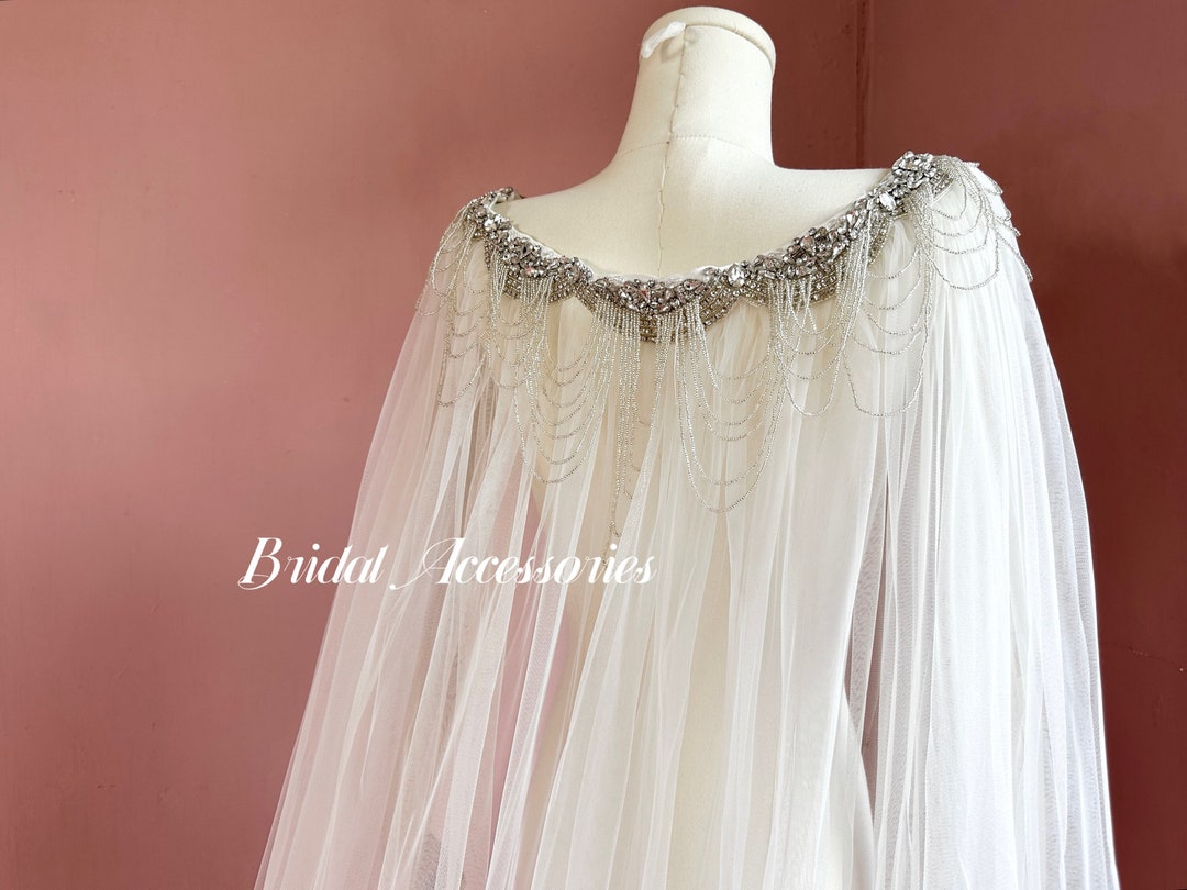 Glitter Wedding Cape,bridal Beaded Shawl,long Tulle Cloak,cathedral ...