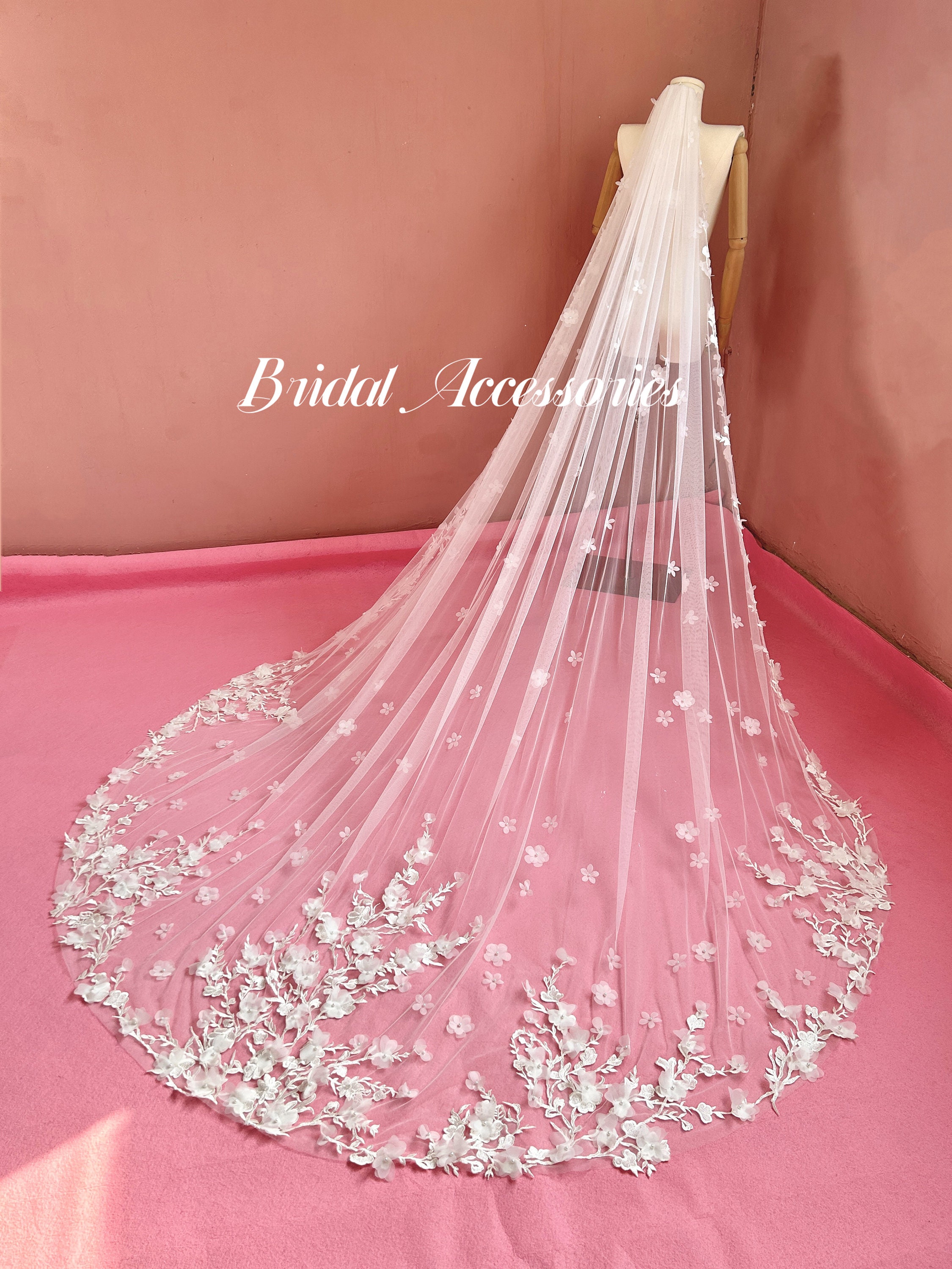 3D Floral Lace Fabric,floral Lace Wedding Veil,white Bridal Veil,long ...