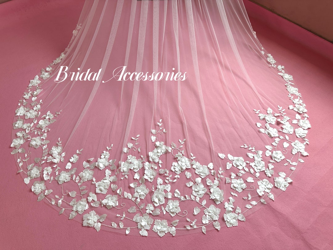 3D Flower Lace Bridal Veil,ivory Wedding Veil,1 Tier Veils,cathedral ...