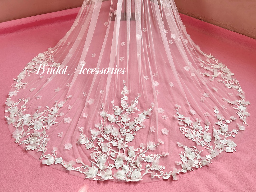 Floral Lace Wedding Veil, 3D Floral Veil,beaded Lace Veil,ivory Bridal ...