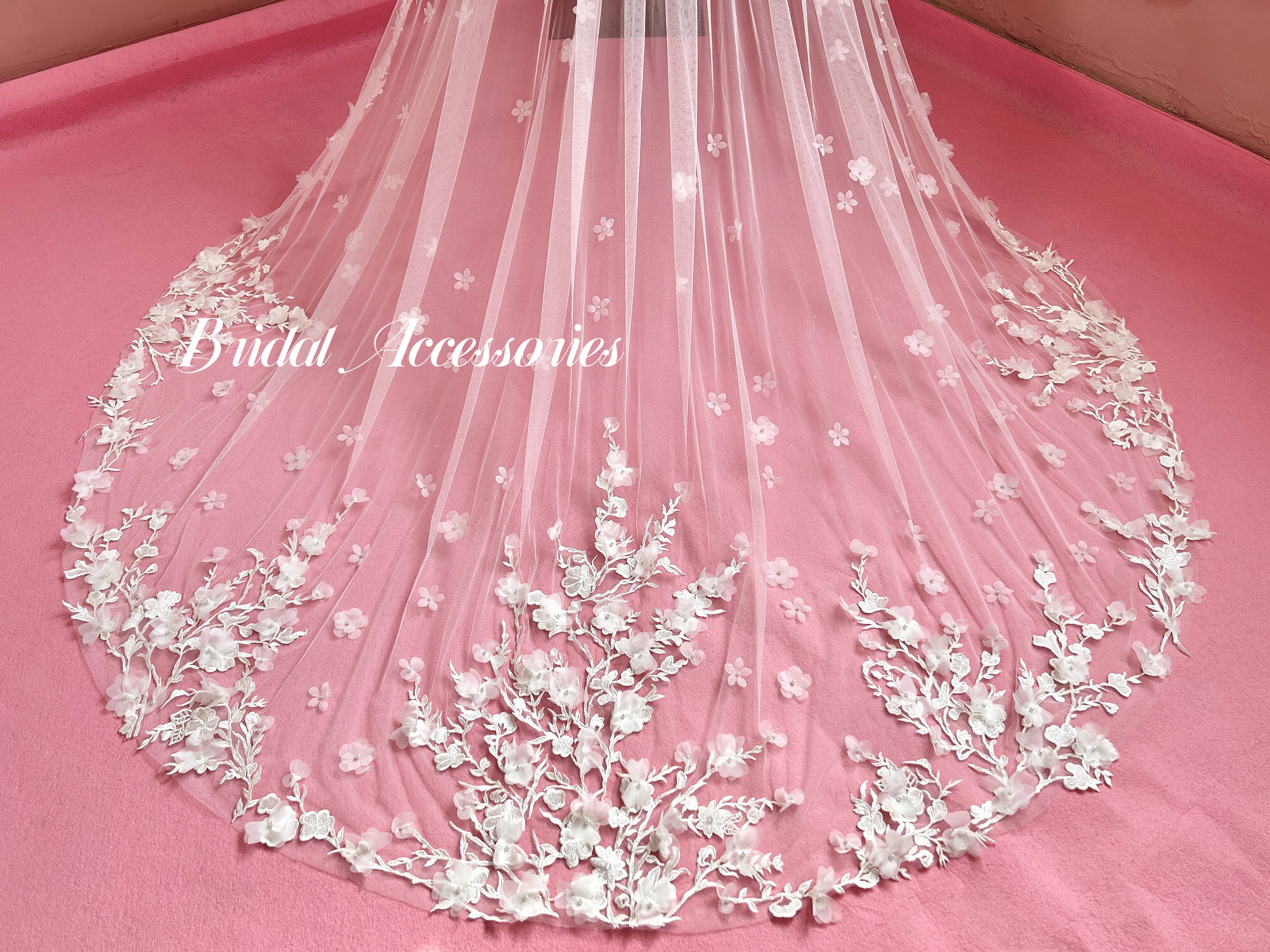 3D Floral Lace Fabric,floral Lace Wedding Veil,white Bridal Veil,long ...