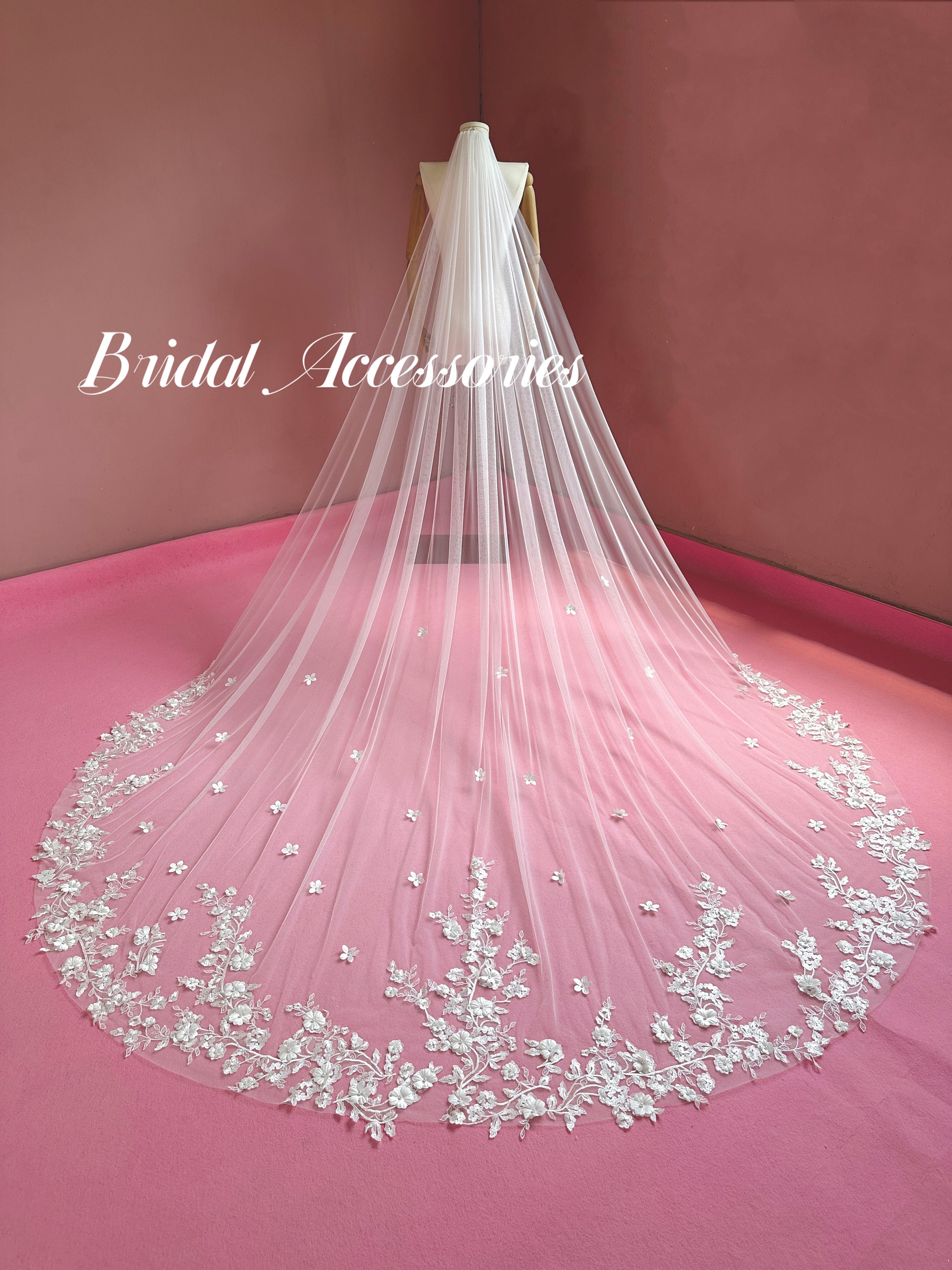 1 Tier Veil,ivory Bridal Veil, Floral Lace Wedding Veil, 3D Floral Lace ...
