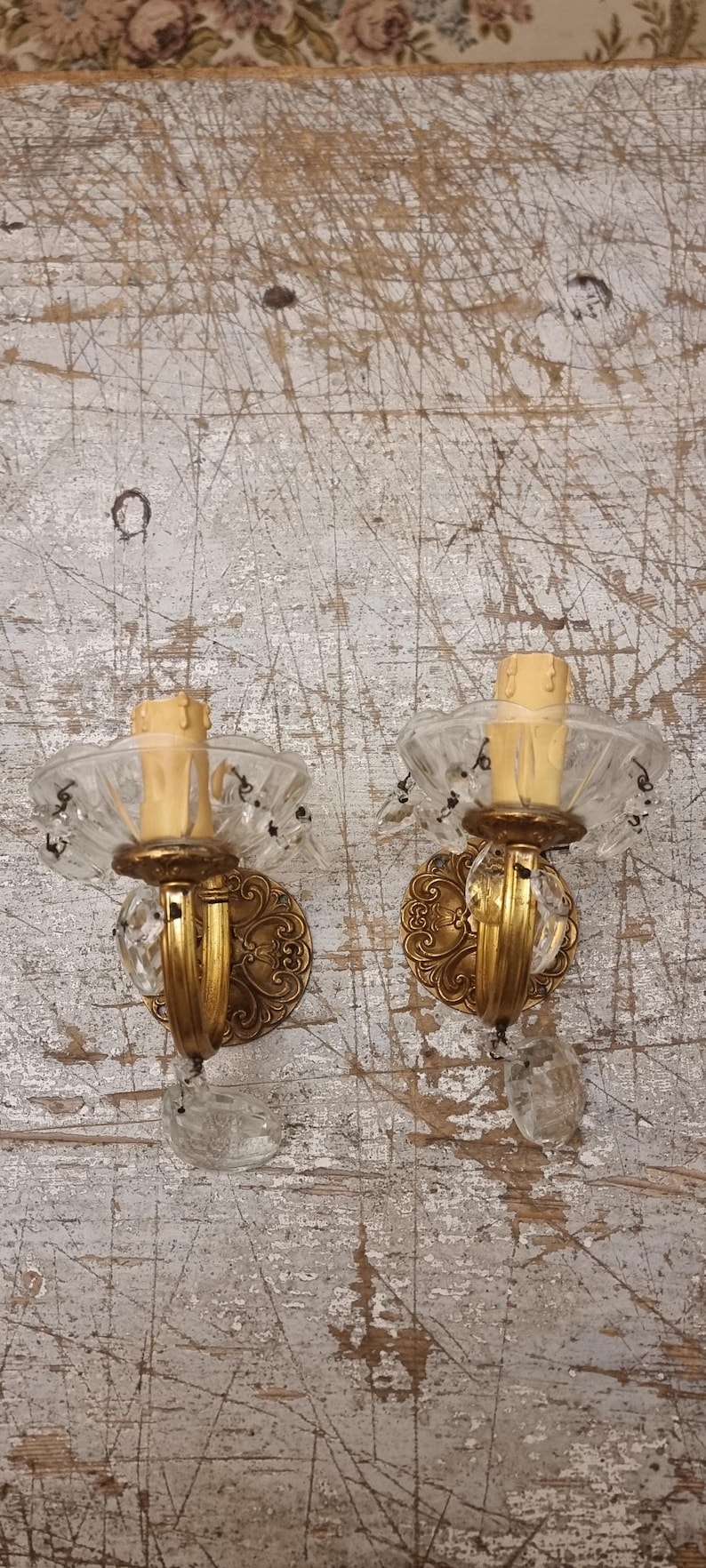 Set of 2 French Brass Bronze Sconces With Crystal Droplets, Cut Glass ...