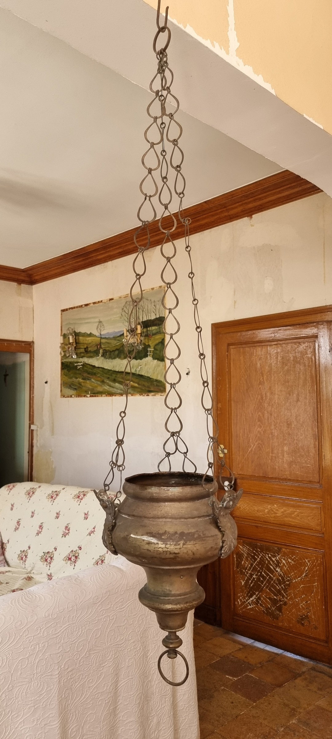 Church Night Light Chandelier in Silver Metal and Bronze Angelots Putti ...