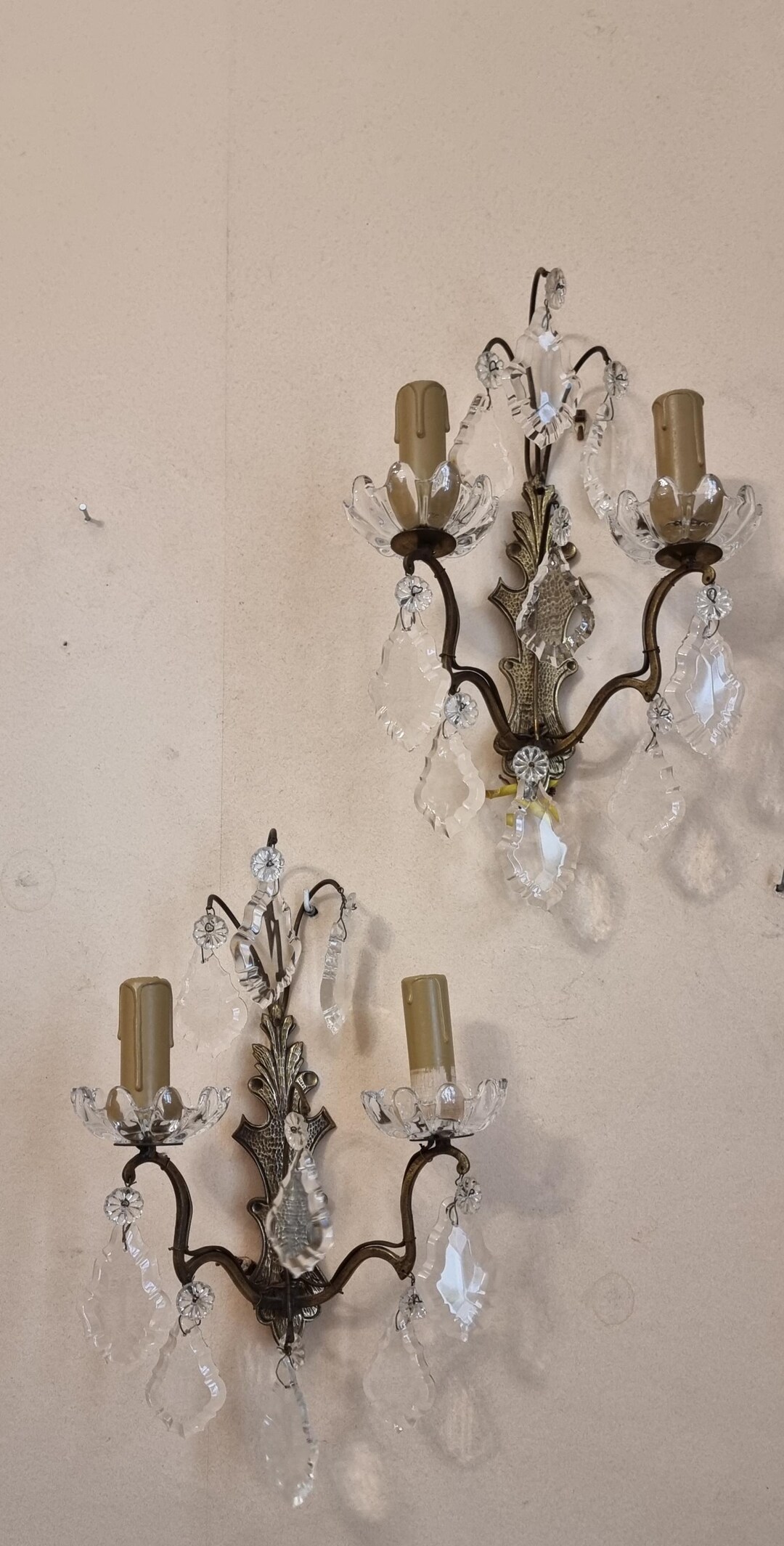 Set of Two French Brass Bronze Two Way Sconces With Clear Baccarat ...