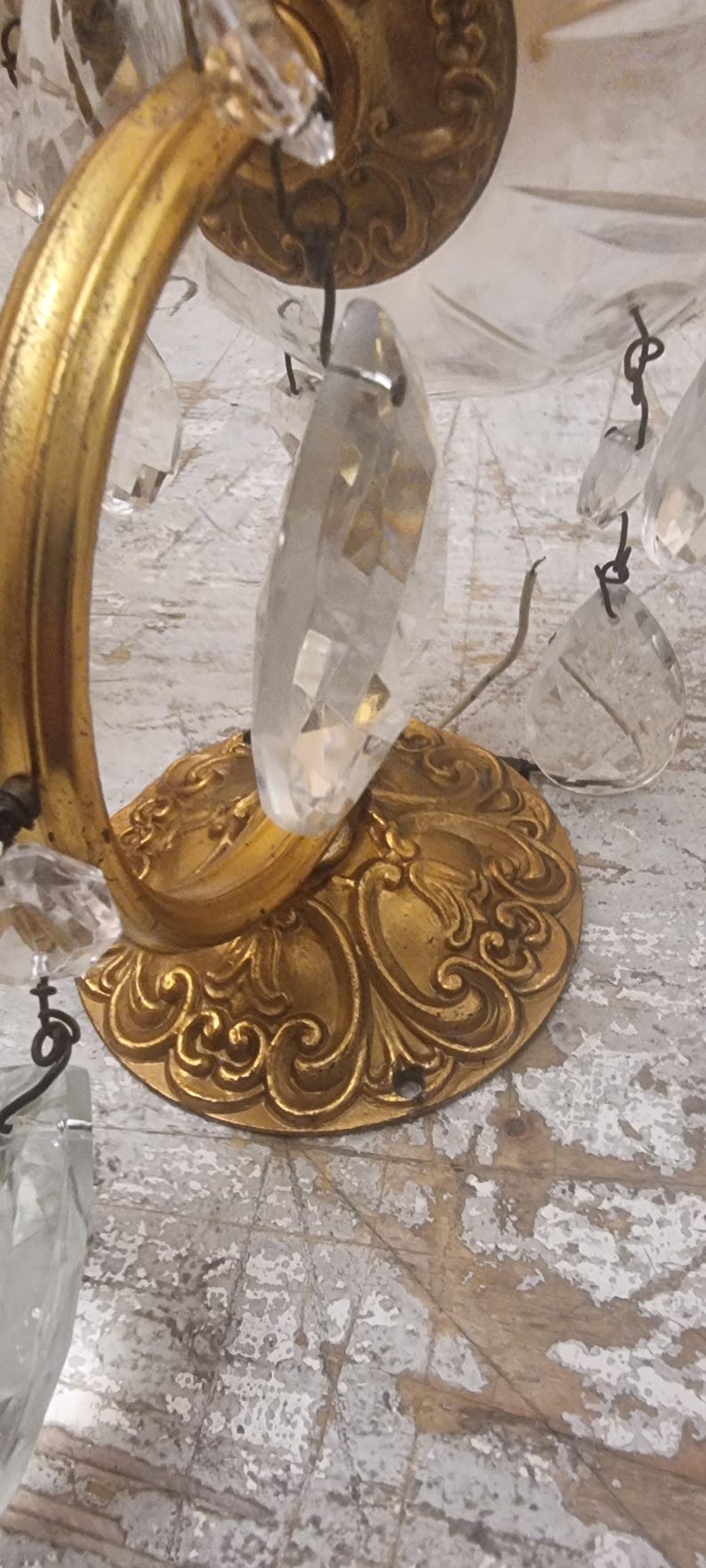 Set of 2 French Brass Bronze Sconces With Crystal Droplets, Cut Glass ...