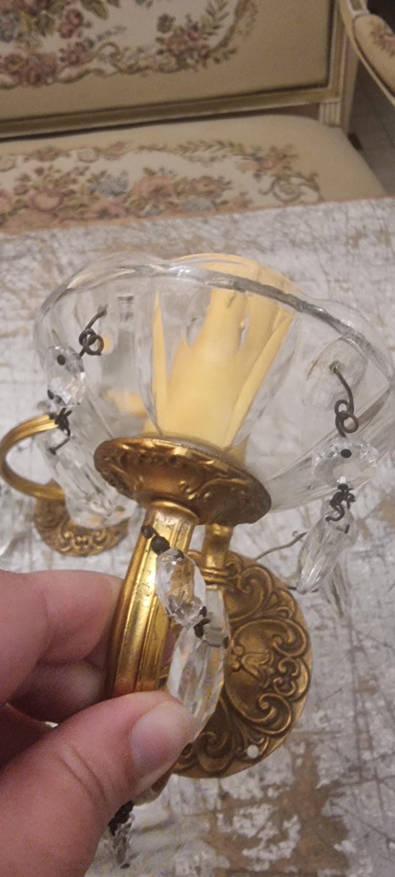 Set of 2 French Brass Bronze Sconces With Crystal Droplets, Cut Glass ...