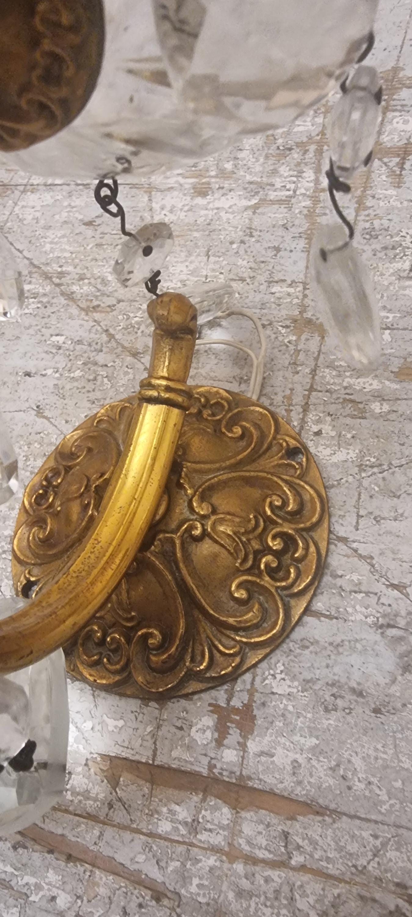 Set of 2 French Brass Bronze Sconces With Crystal Droplets, Cut Glass ...