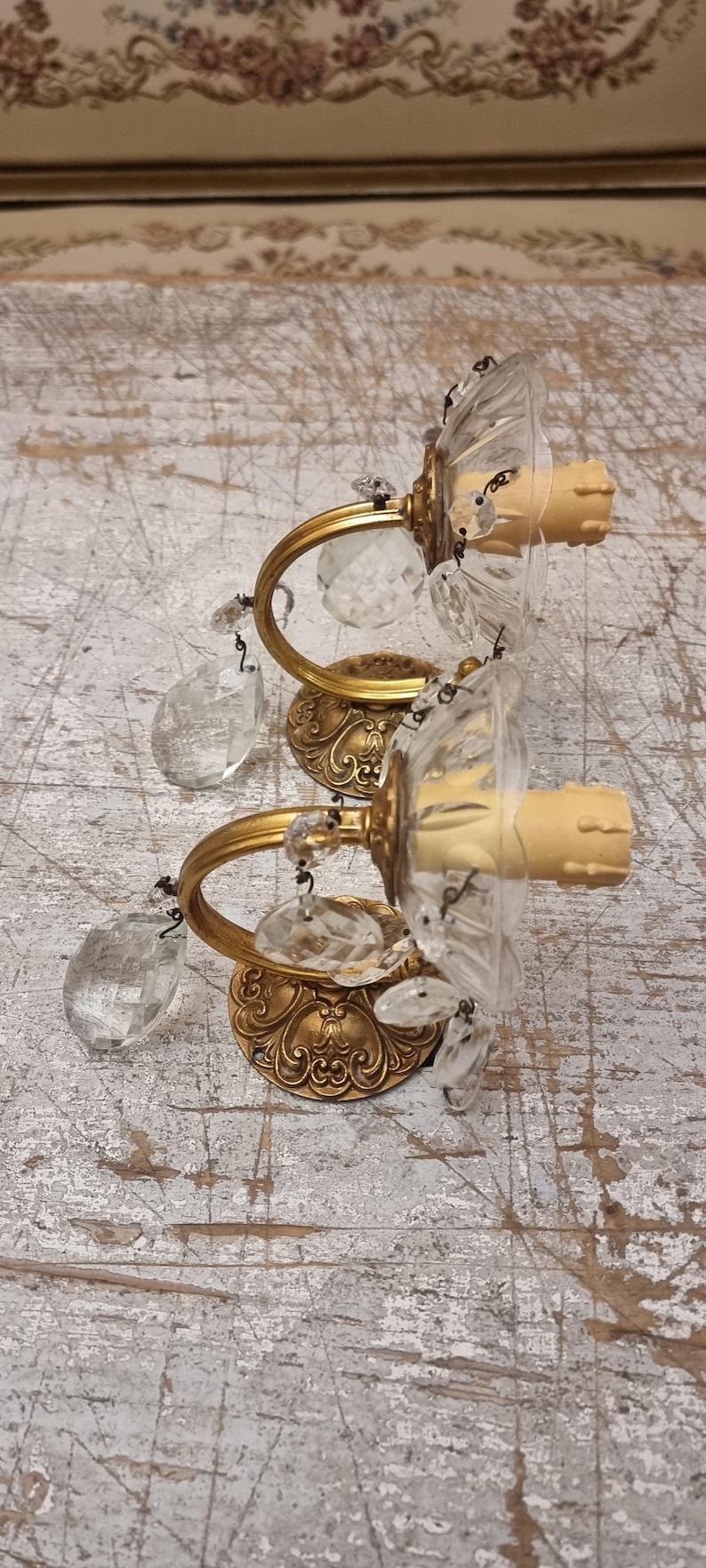 Set of 2 French Brass Bronze Sconces With Crystal Droplets, Cut Glass ...