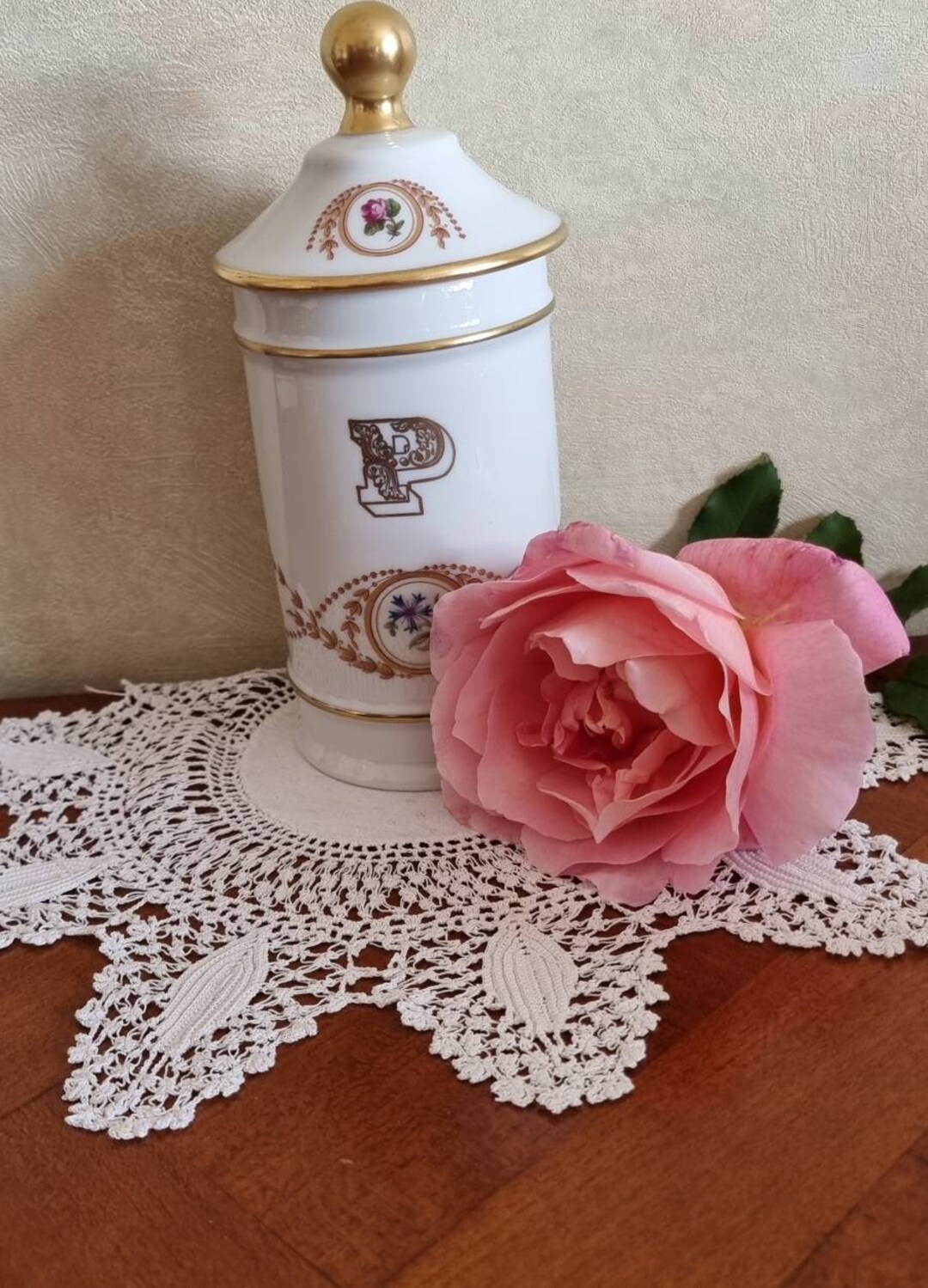 Handpainted Limoges Porcelain Storage Jar With Lid, Monogram P, Floral ...