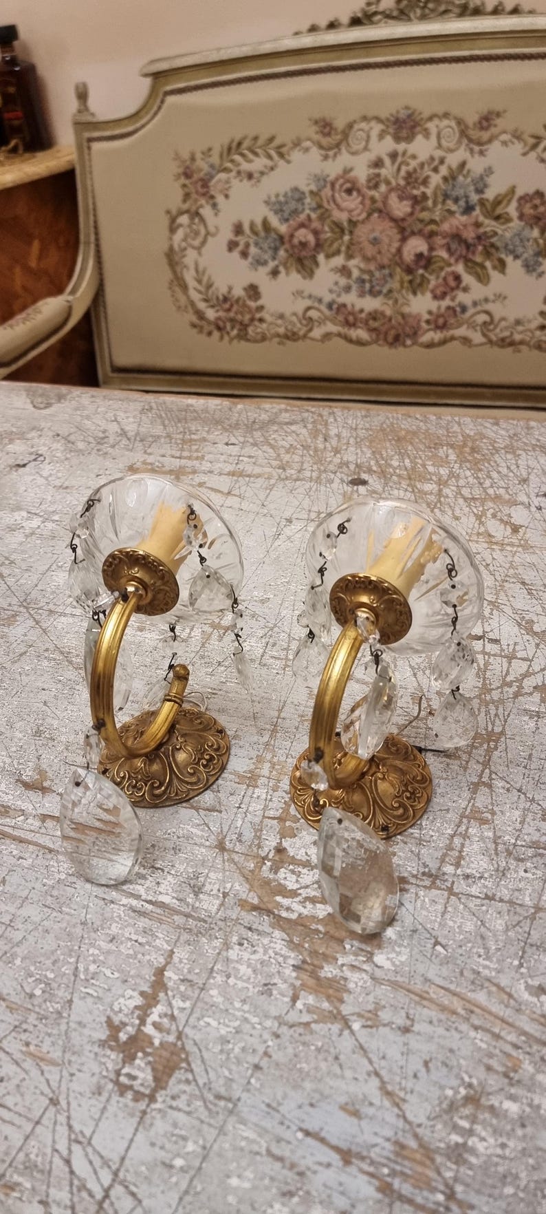 Set of 2 French Brass Bronze Sconces With Crystal Droplets, Cut Glass ...
