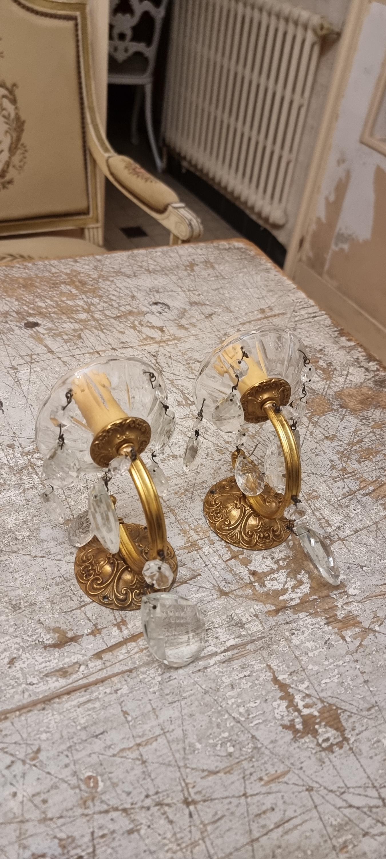 Set of 2 French Brass Bronze Sconces With Crystal Droplets, Cut Glass ...