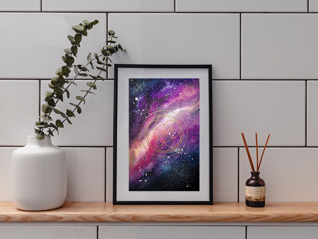 Watercolor Galaxy With Seed of Life, Wall Art, Sacred Geometry Painting ...