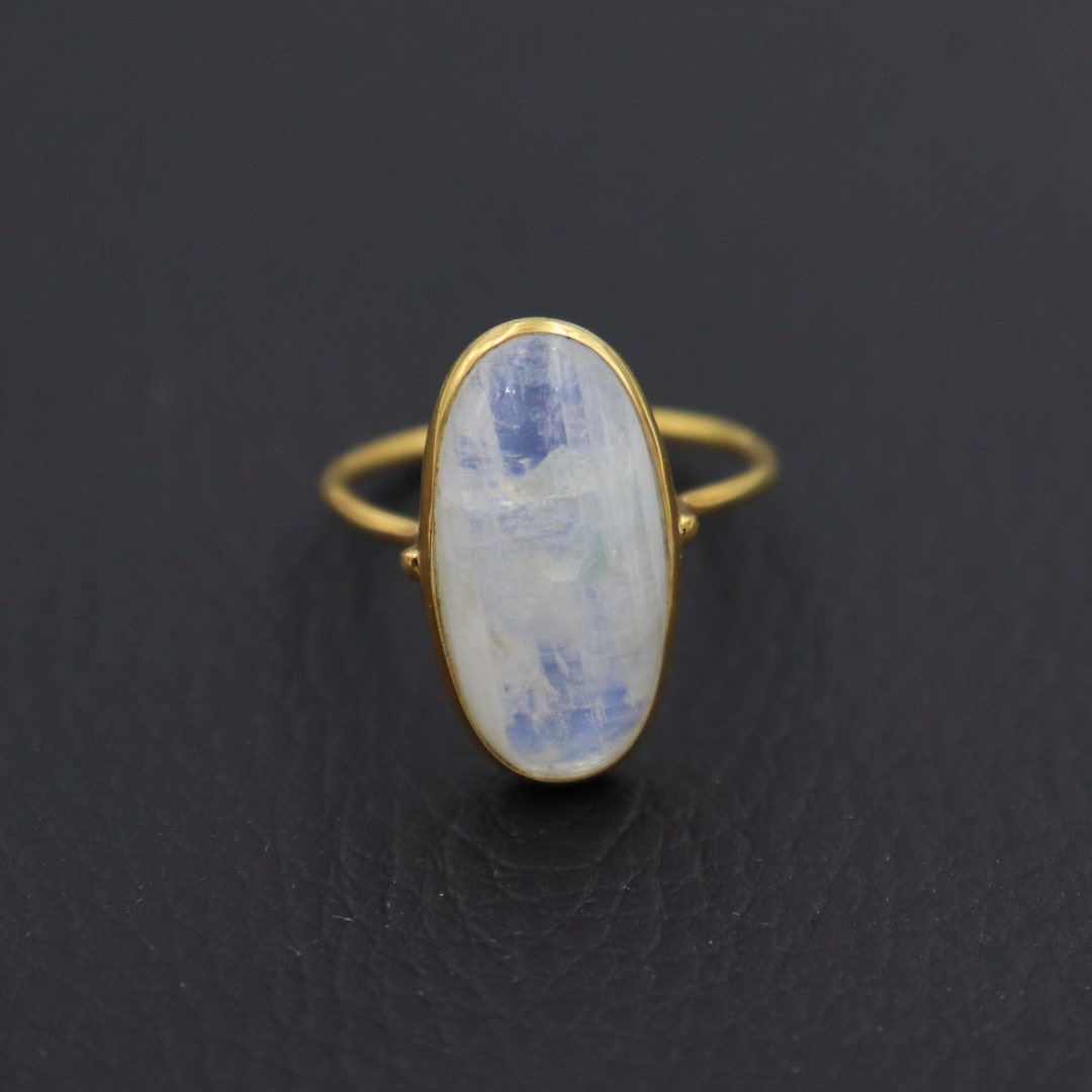 Natural Long Oval Moonstone Gold Plated Ring, Statement Ring, Gemstone ...