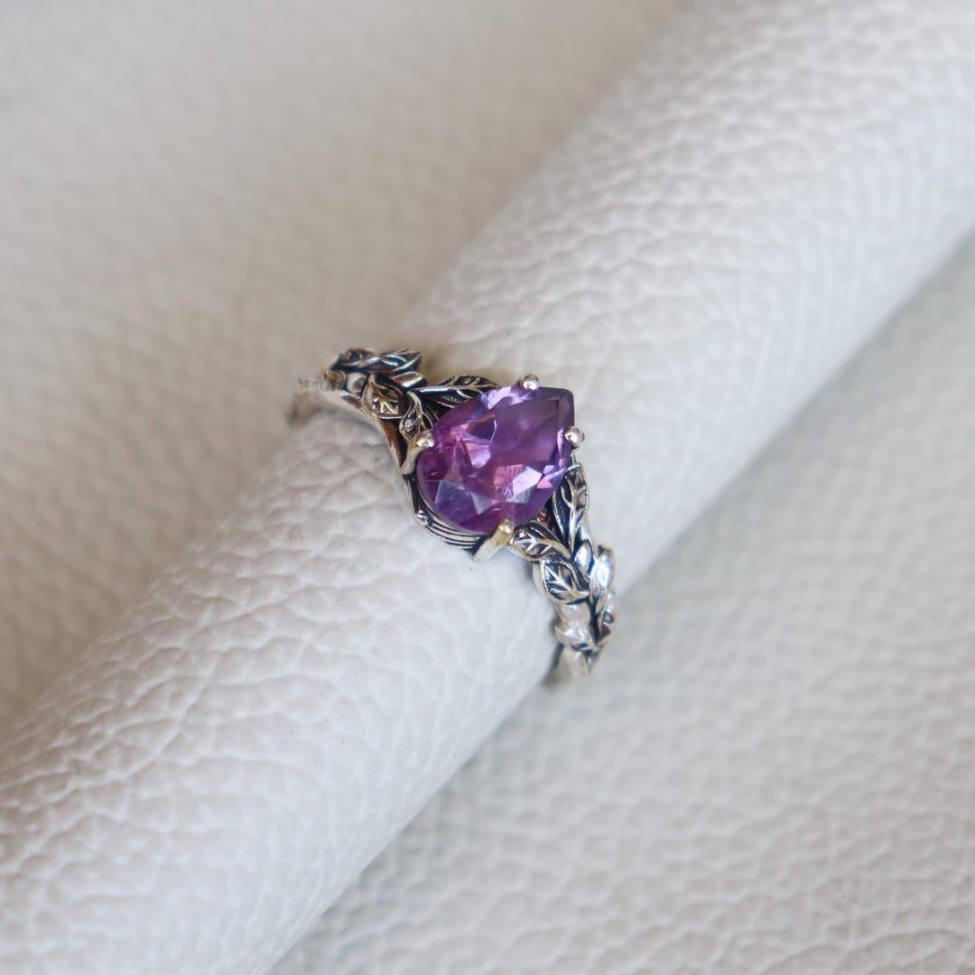 Vintage Amethyst Leaf Engagement Ring, Dainty Silver Branch Amethyst ...