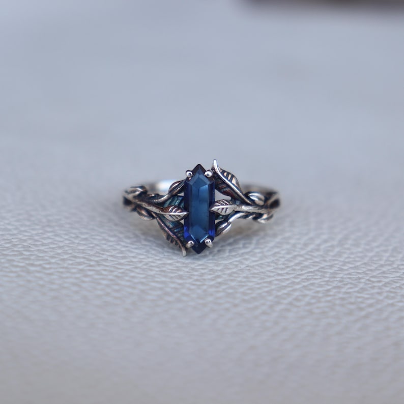 925 Silver Leaf Over Design Blue Sapphire Ring, Long Bar Hexagon Gold ...