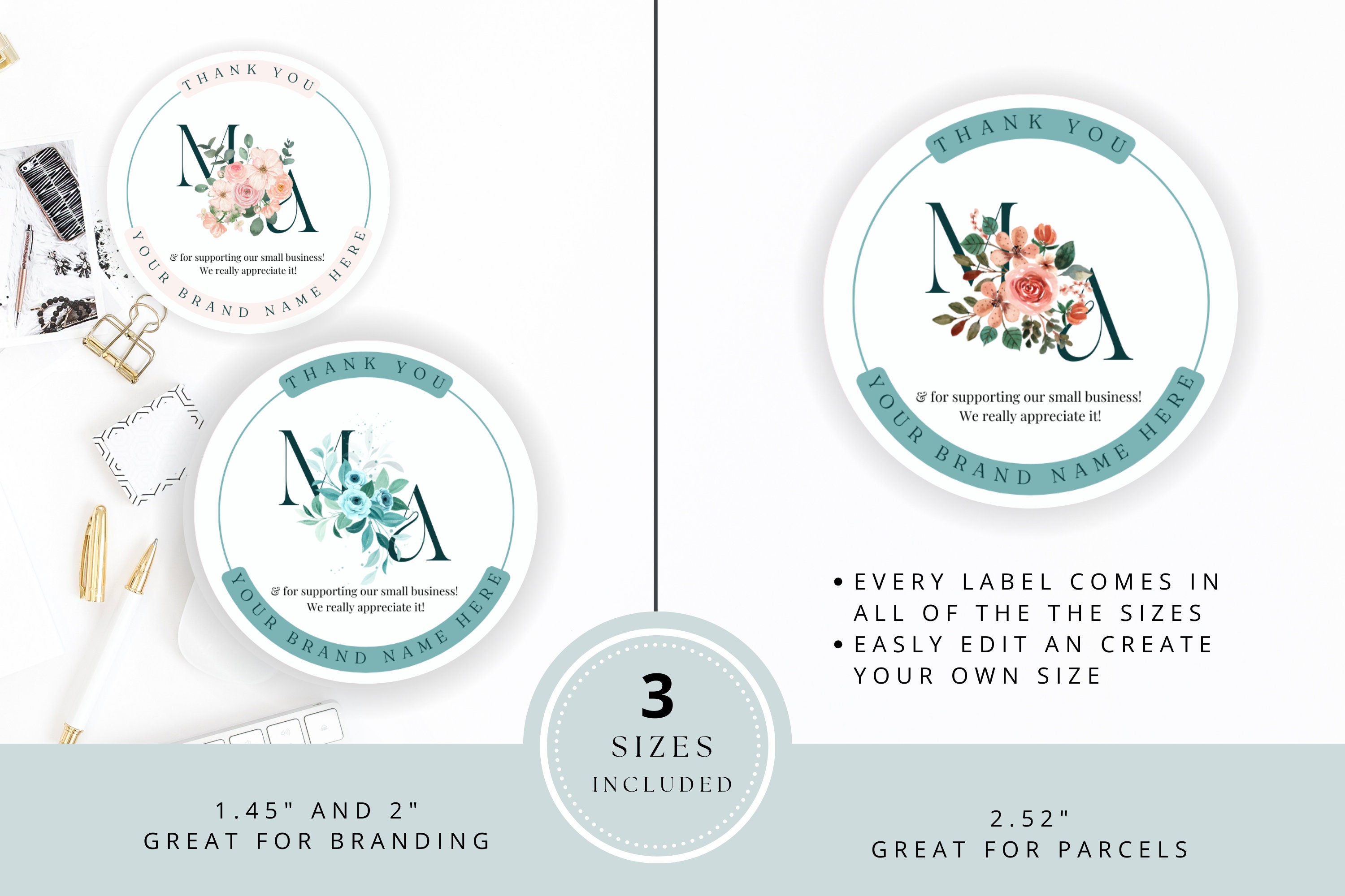 Thank You Label Template, EDITABLE FLORAL Thank You Sticker, Digital ...
