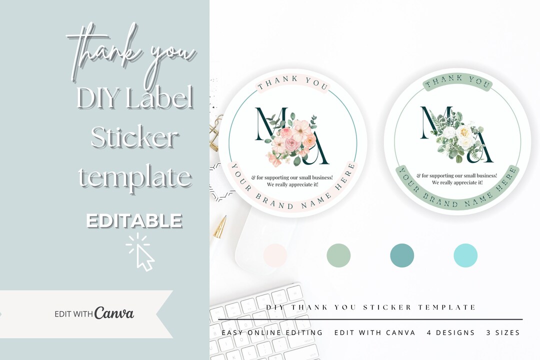 Thank You Label Template, EDITABLE FLORAL Thank You Sticker, Digital ...