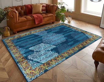 Blue and Gold Damask Rug, Ethnic Design Floral Carpet, Oriental Floor ...