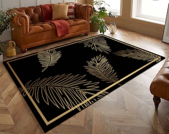 Green and Gold Leaf Patterned Modern Rug Bedroom Bedside - Etsy