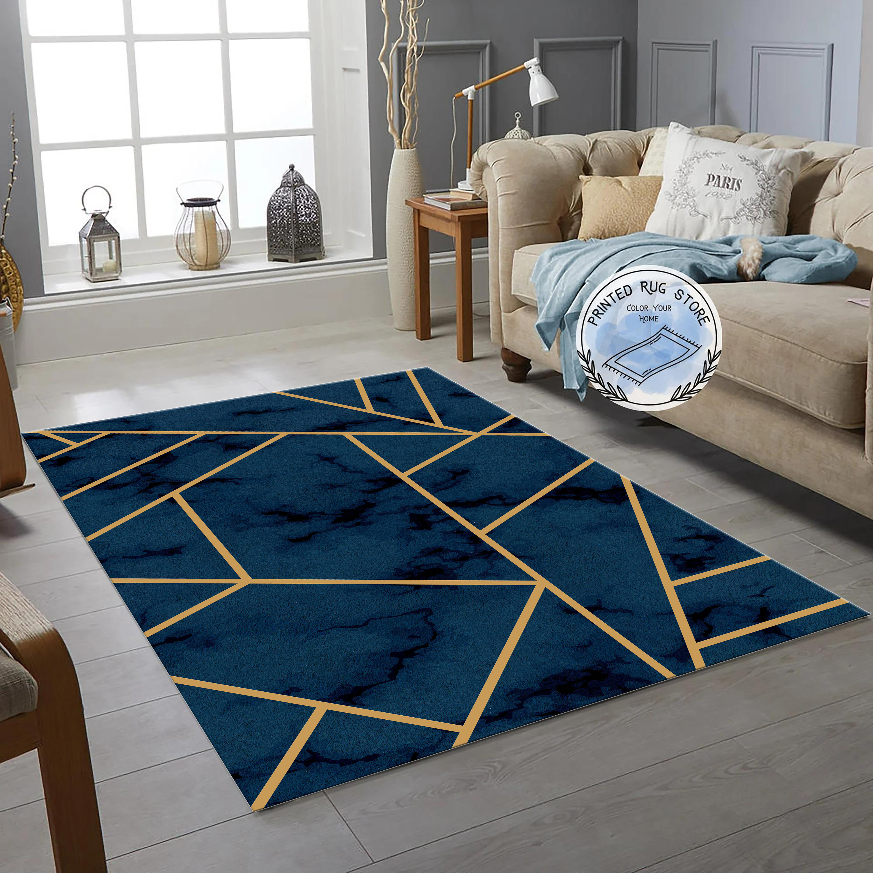 Blue and Gold Marble Rug, Modern Geometric Area Rug, Washable - Etsy UK