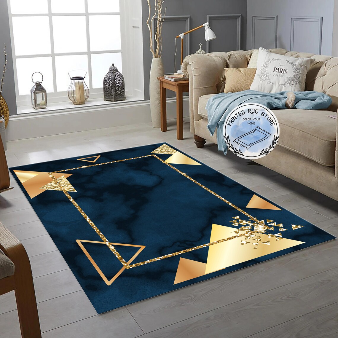 Blue and Gold Marble Rug, Geometric Modern Area Rug - Etsy