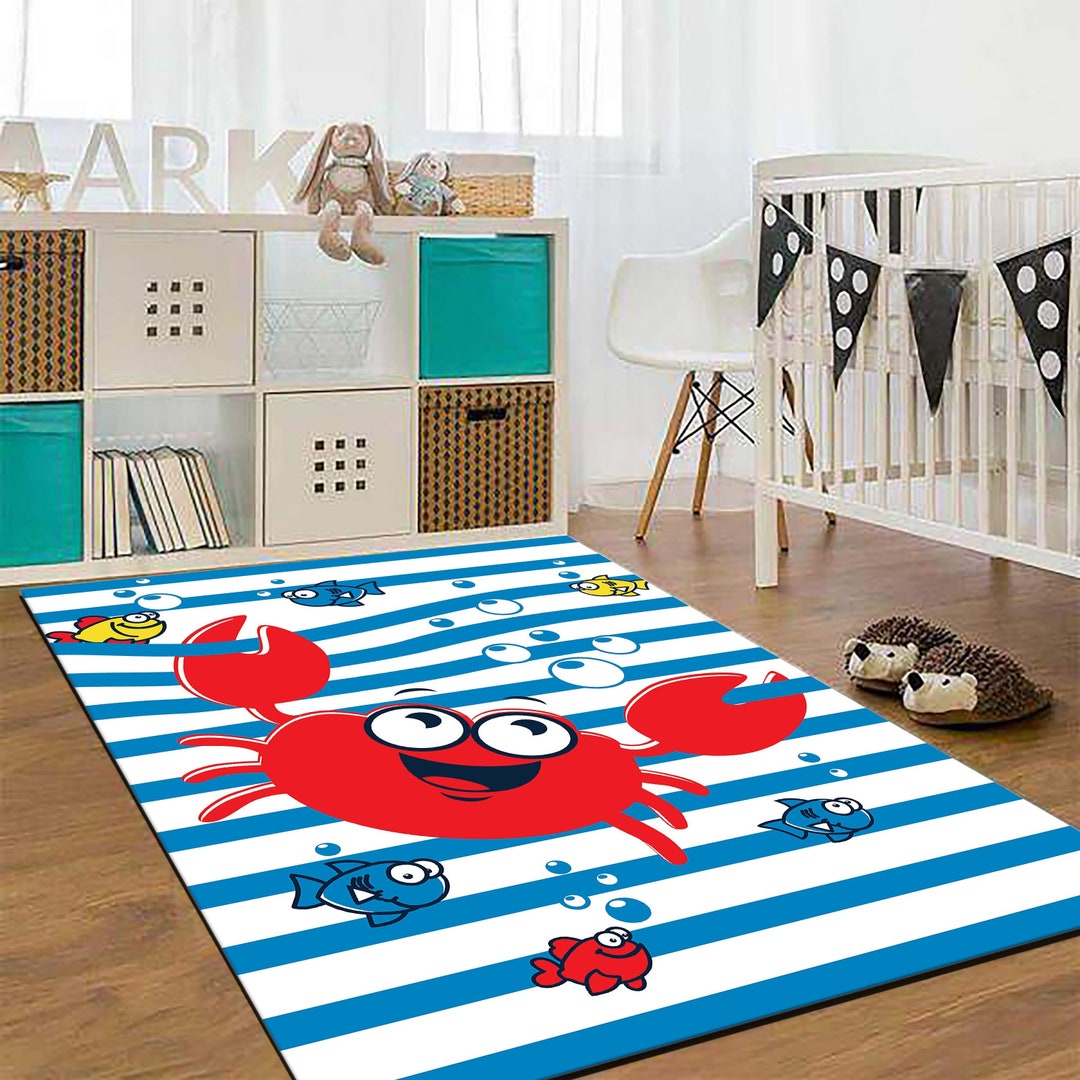 Crab-fish Patterned Kids Rug, Personalised Soft Nursery Carpet ...