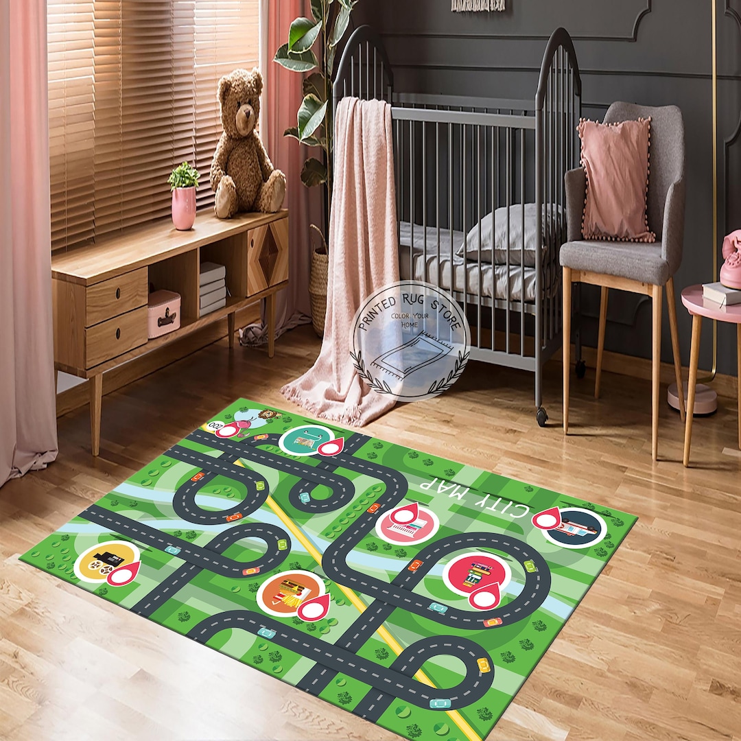 Personalized City Map Kids Rug, Soft Washable Traffic Nursery Mat ...