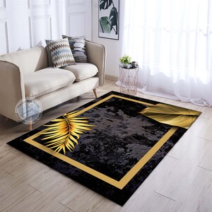 Black and Gold Leaf Patterned Modern Rug, Bedroom Bedside Luxury Rug ...