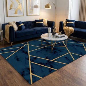 Blue and Gold Marble Rug, Modern Geometric Area Rug, Washable - Etsy