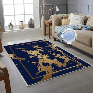 Blue and Gold Plain Rug, Modern Rug, Home Decor, Living Room Rug, Area ...