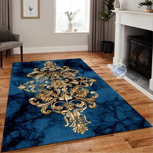 Blue and Gold Damask Rug, Ethnic Design Floral Carpet, Oriental Floor ...