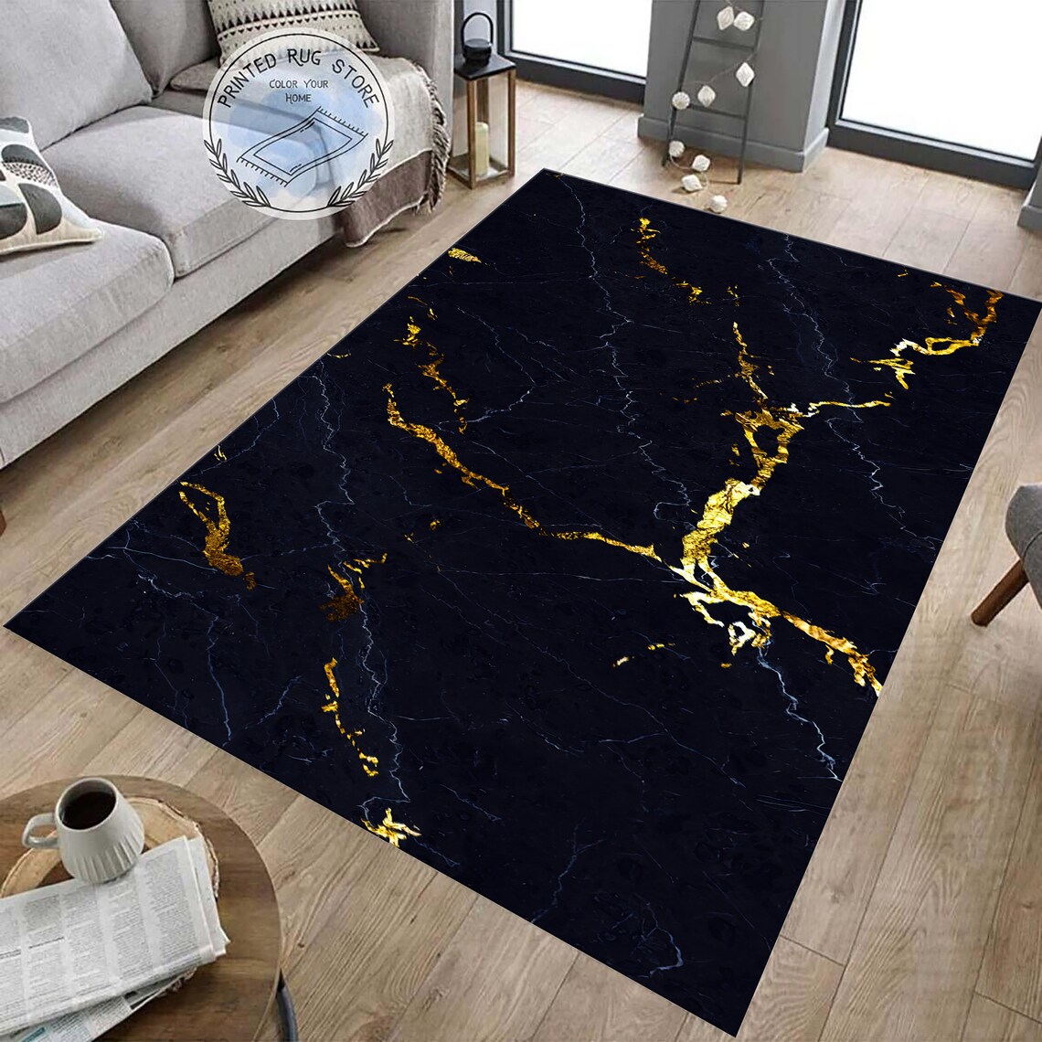 Marble Pattern Rug Black and Gold Marble Texture Rug - Etsy