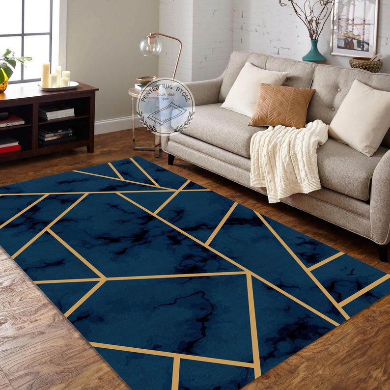 Blue and Gold Marble Rug, Modern Geometric Area Rug, Washable - Etsy