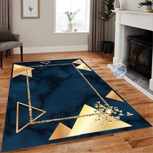 Blue and Gold Marble Rug, Geometric Modern Area Rug - Etsy